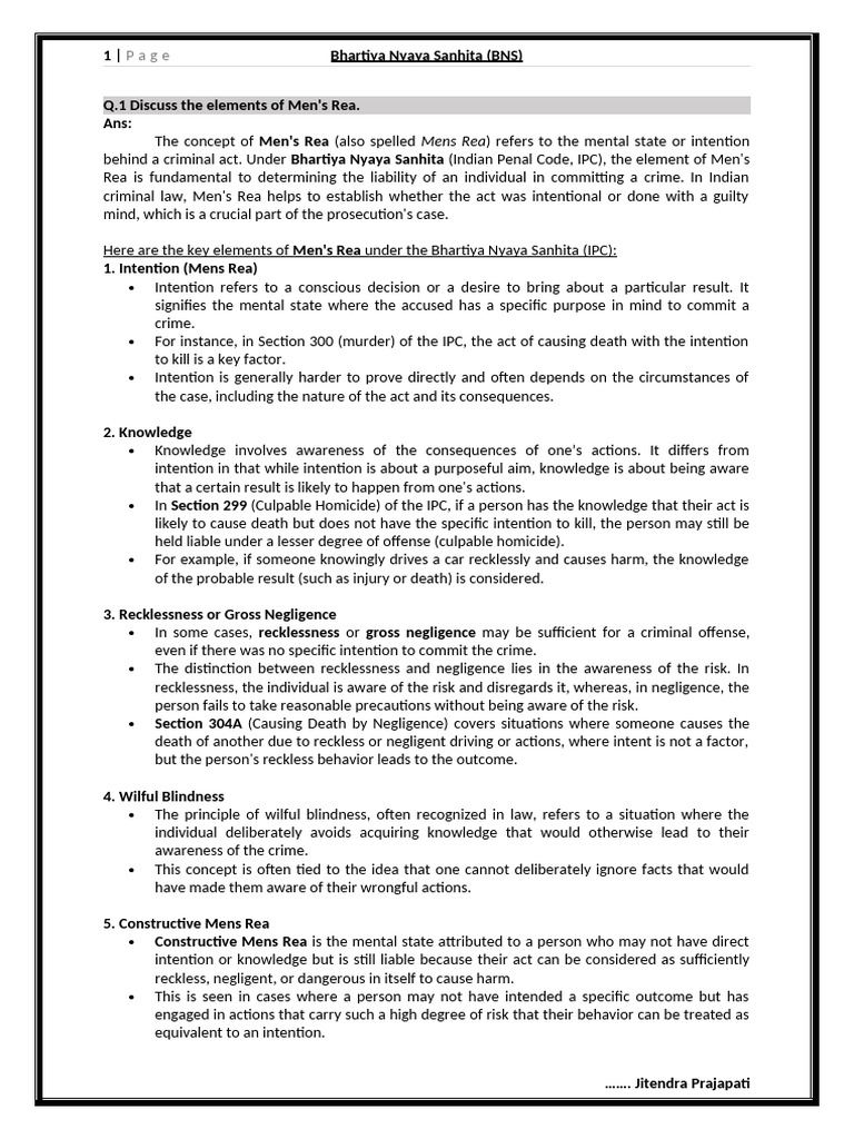 BNS (Criminal Law) - Notes For Internal Test | PDF | Mens Rea | Robbery