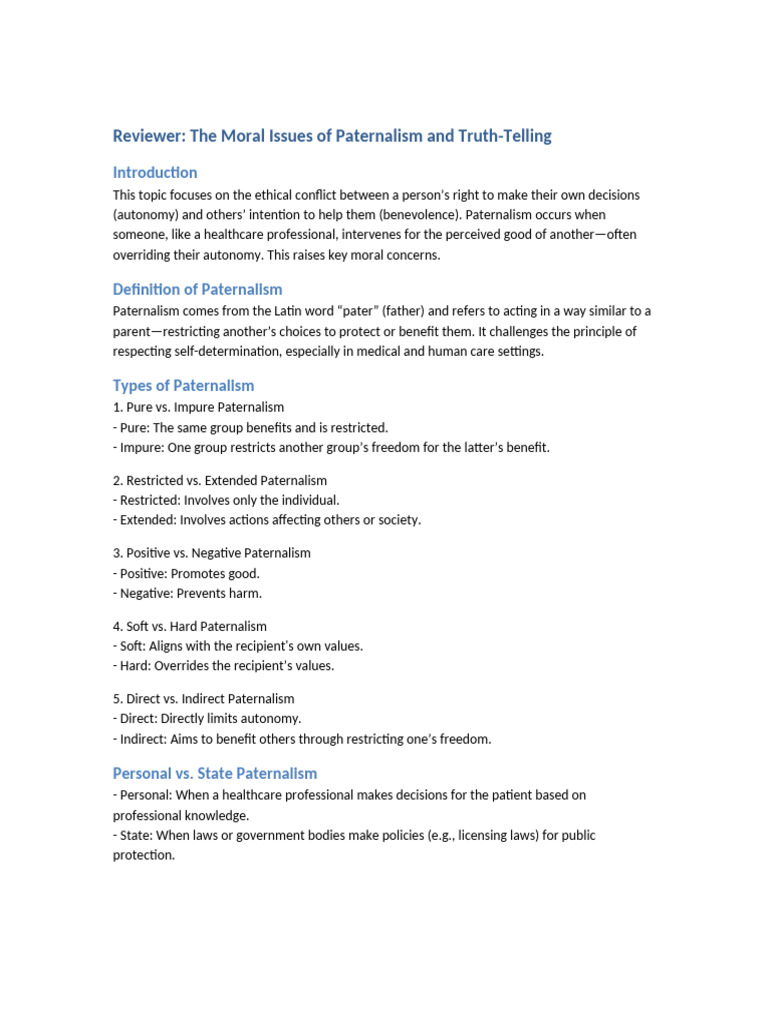 Paternalism vs. Truth-Telling in Ethics | PDF | Autonomy