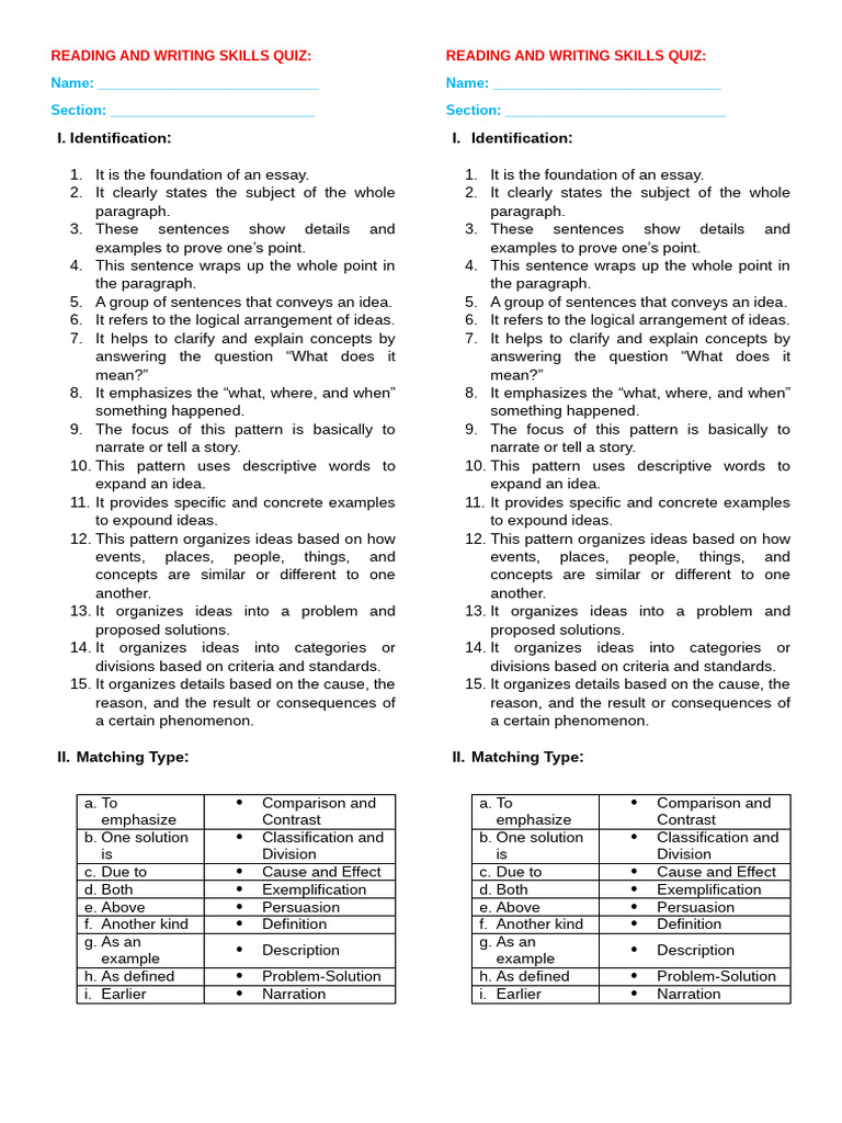 Patterns of Paragraph Development Quiz | PDF | Definition