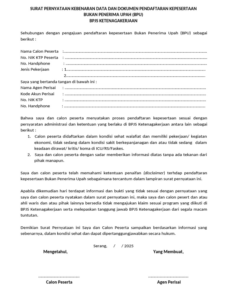 Surat Pernyataan BPJSTK-1 | PDF