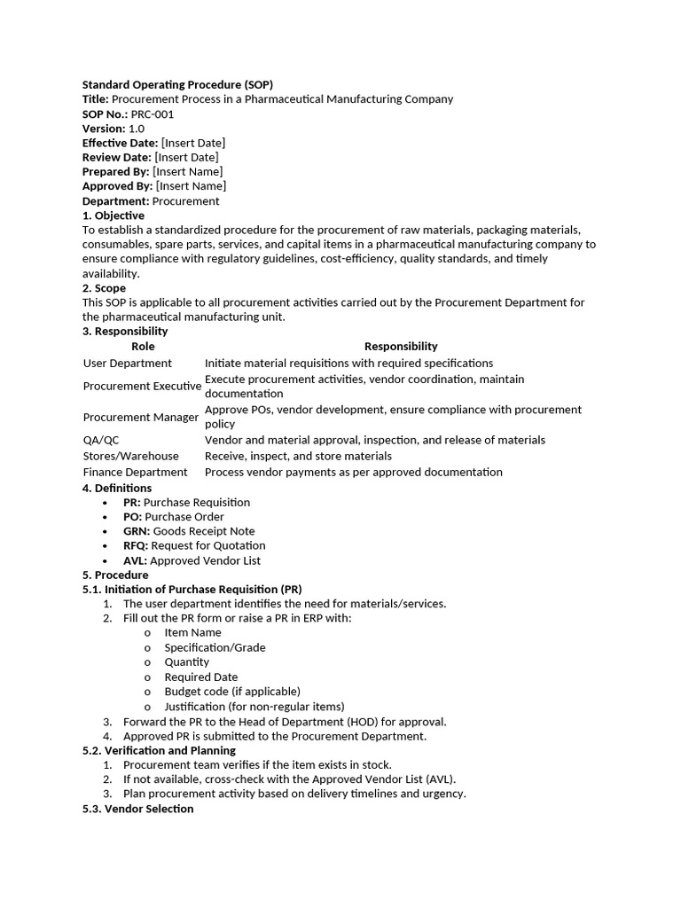 SOP for Pharmaceutical Procurement Process | PDF | Specification ...