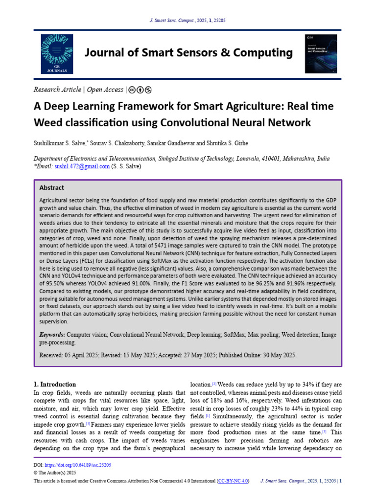 A Deep Learning Framework For Smart Agriculture Real-Time Weed Classification Using ...