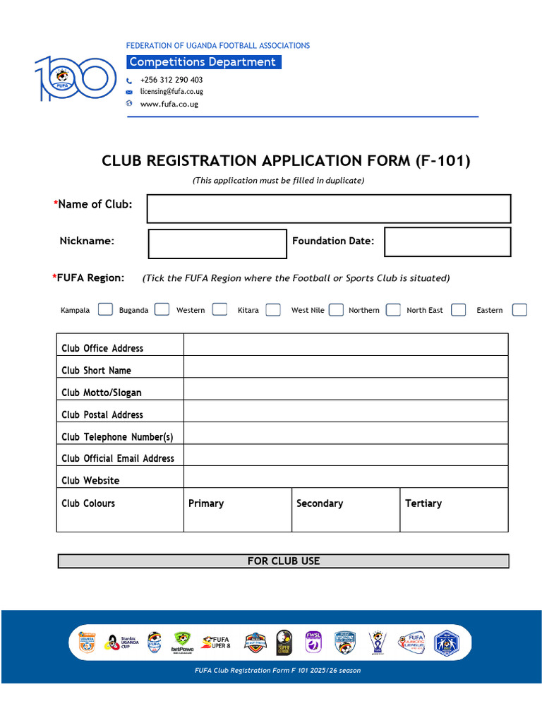 FUFA Club Registration Form 2025 | PDF