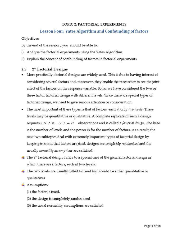 DoE 2 - Lesson 4 - Factorial Experiments - Yates - Confounding | PDF ...