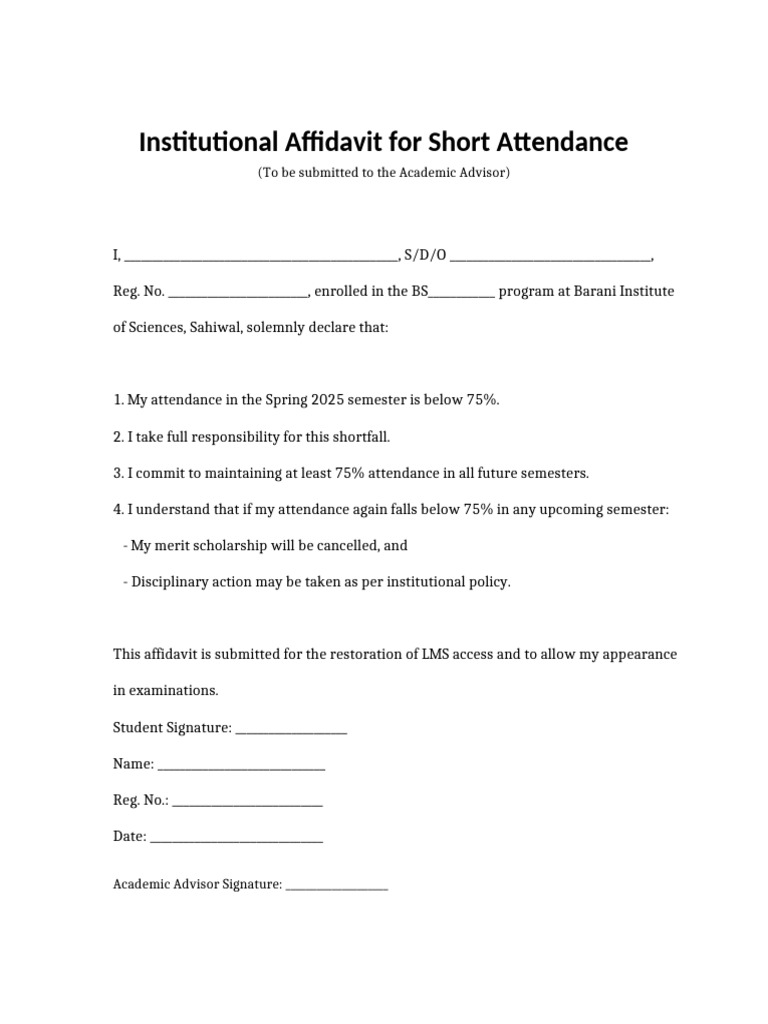 Affidavit for Short Attendance Submission | PDF