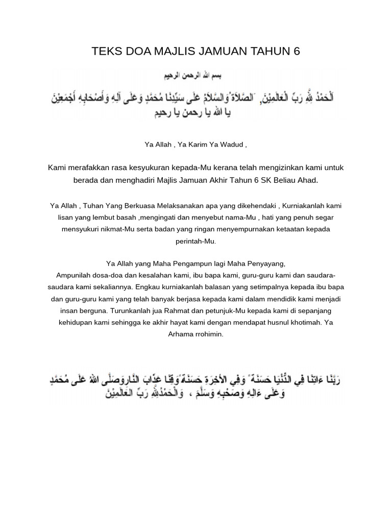 Teks Doa Majlis Jamuan Tahun 6 | PDF