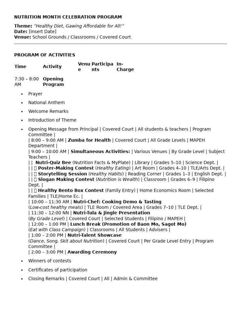 Nutrition Month Celebration Agenda 2025 | PDF | Healthy Diet