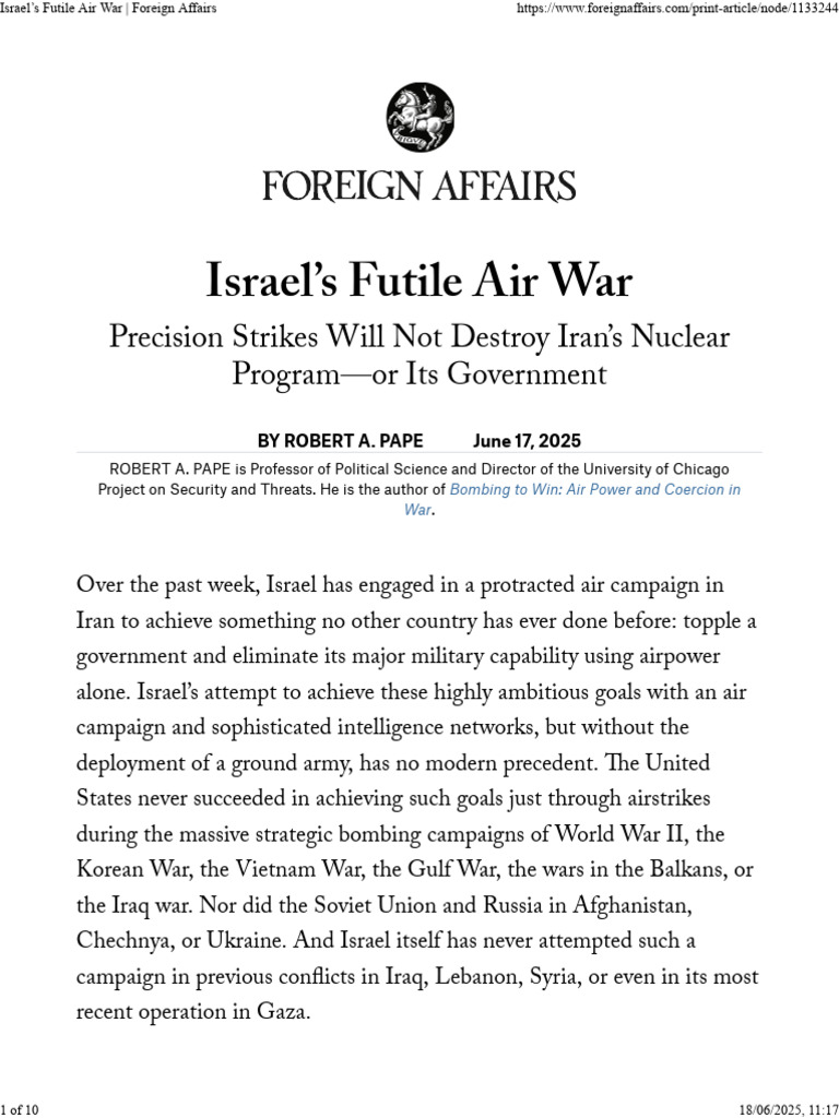 PAPE, Robert - Israel's Futile Air War - Foreign Affairs (2025) | PDF ...