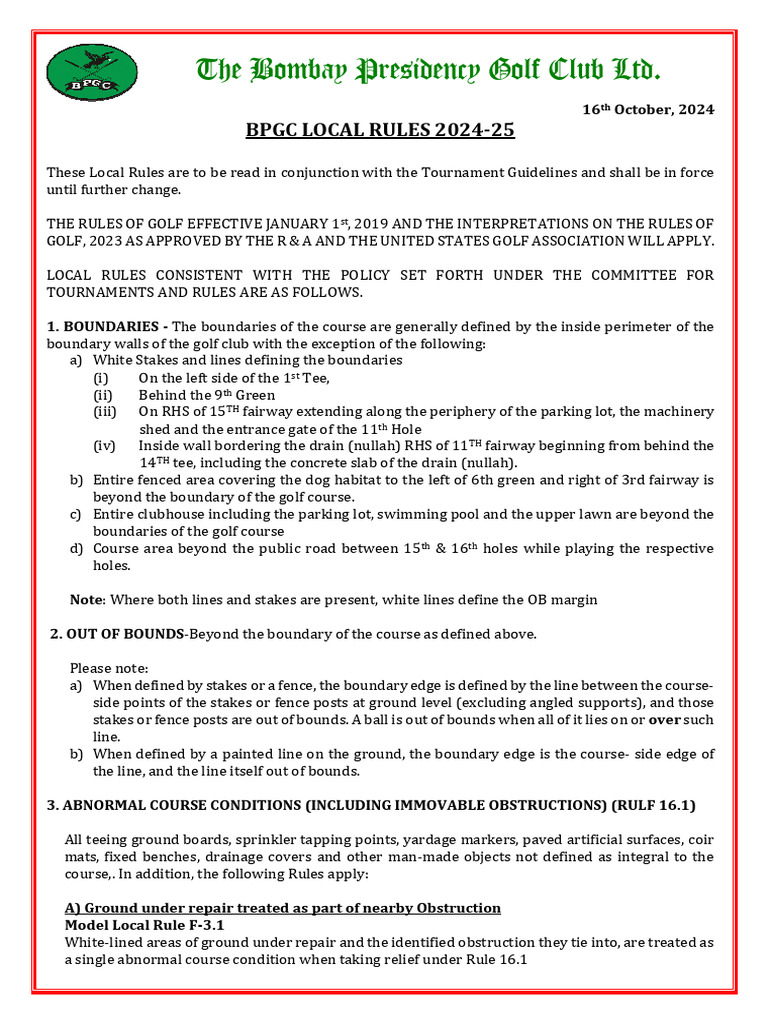 BPGC Local Rules Sept 2023 | PDF | Golf Course