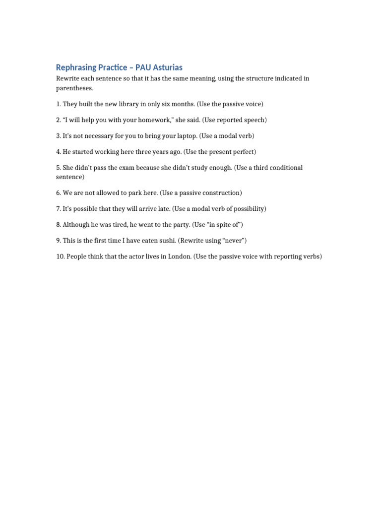 Rephrasing Exercises for PAU Asturias | PDF