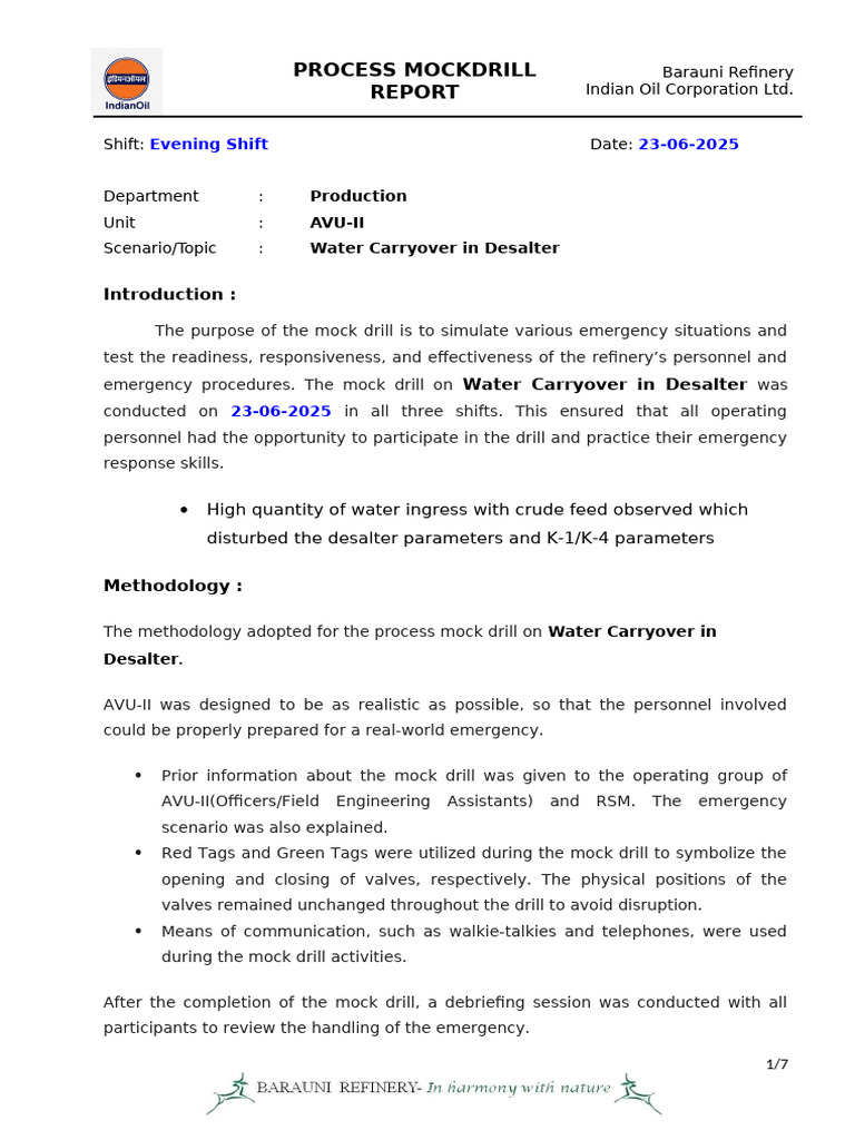 Mock Drill Report on Water Carryover in Desalter | PDF