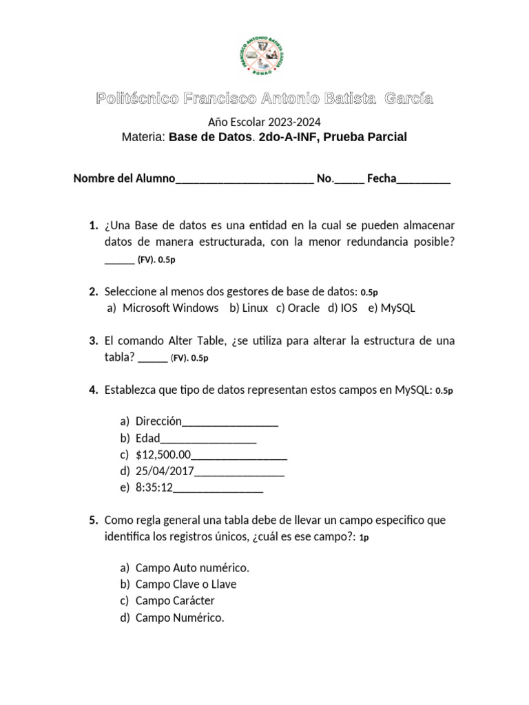 Examen Final 2do-A-INF Base de Datos 2023-2024 | PDF