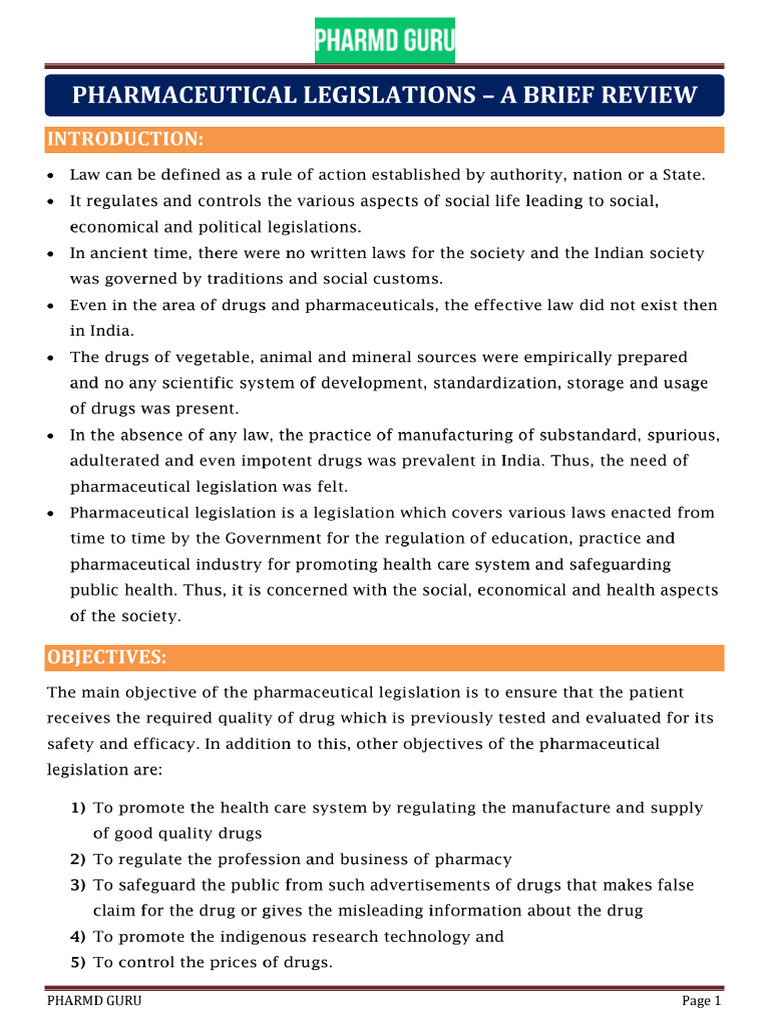 Pharmaceutical Legislations - A Brief Review. | PDF