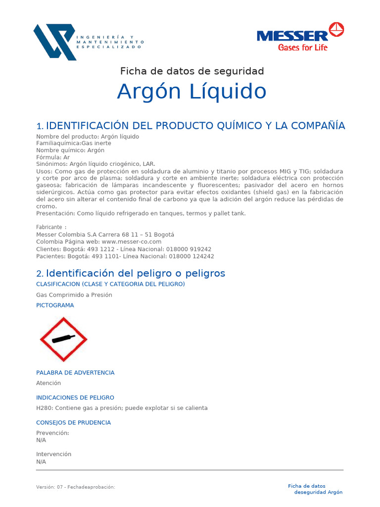 Fichas de Datos de Seguridad Argon Liquido | PDF | Argón | Construcción