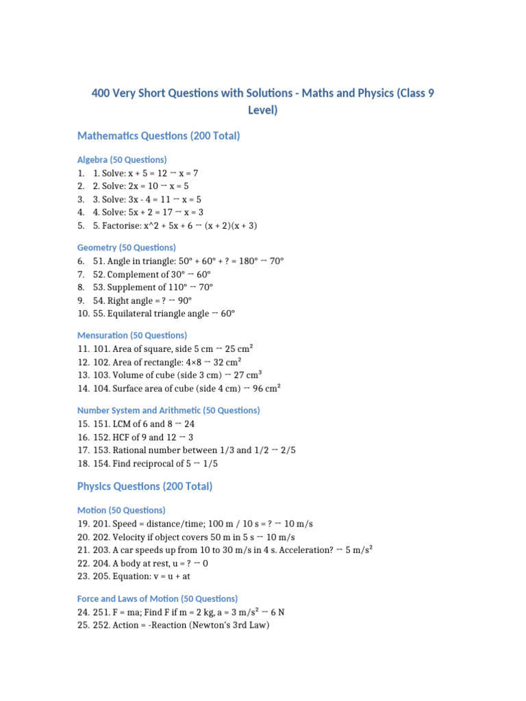 400 Short Maths & Physics Questions | PDF