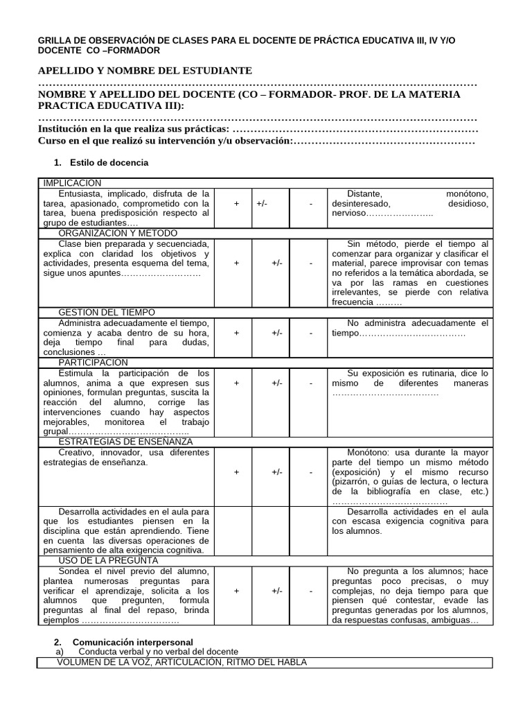 Grilla de Observación de Clases para El Docente de Práctica Educativa ...