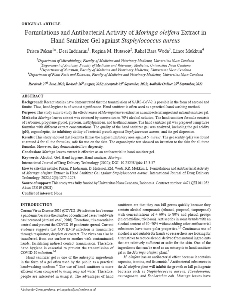 Formulations and Antibacterial Activity of Moringa | PDF | Disinfectant | Hand Washing