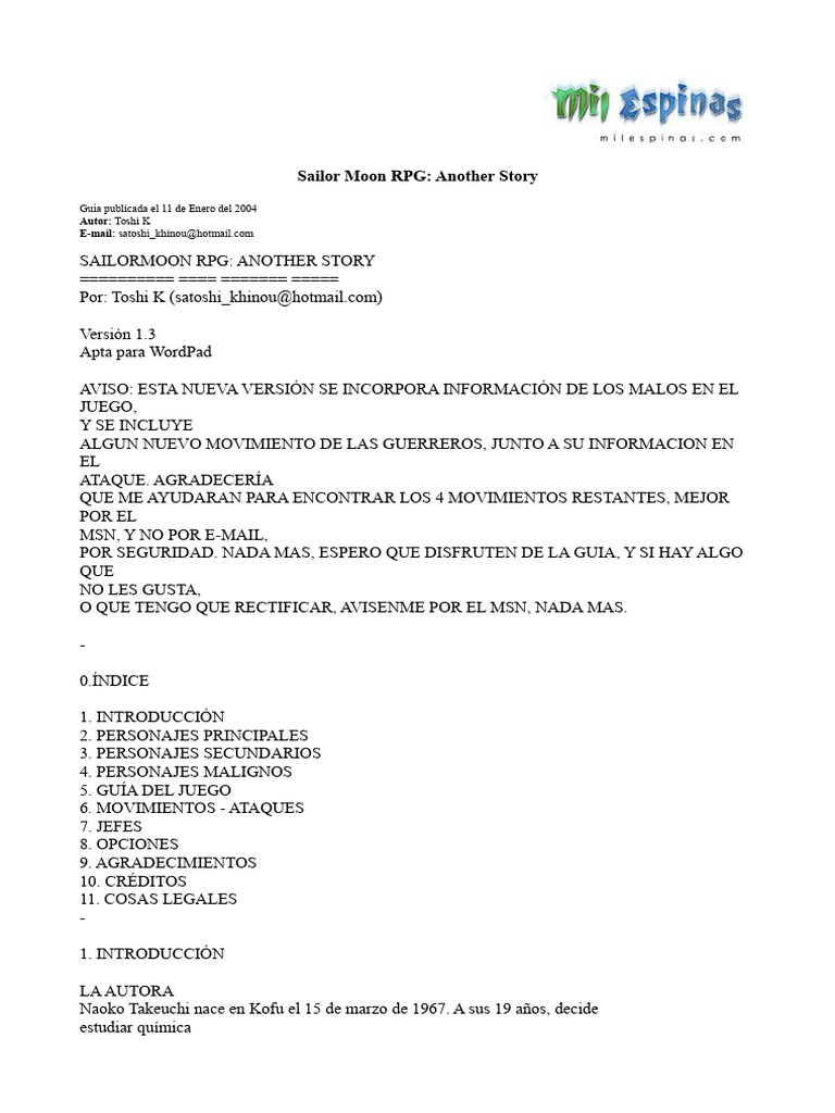 Guía de Sailor Moon RPG: Another Story | PDF