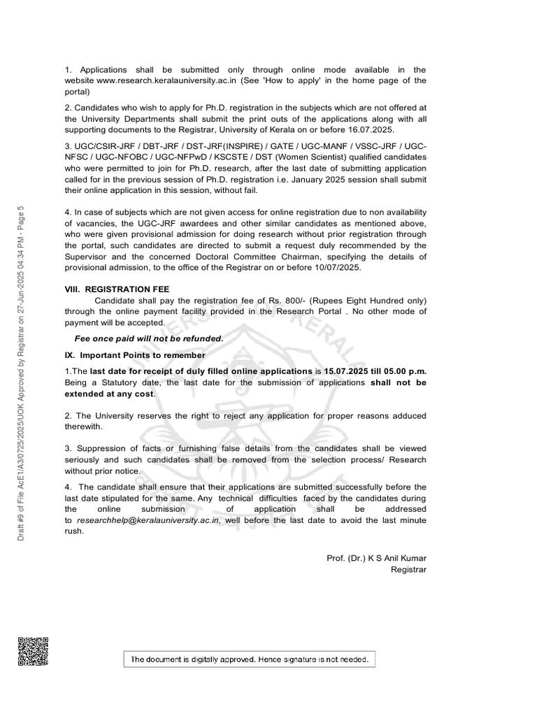 Kerala University PHD Notification - Fifth | PDF | Doctor Of Philosophy