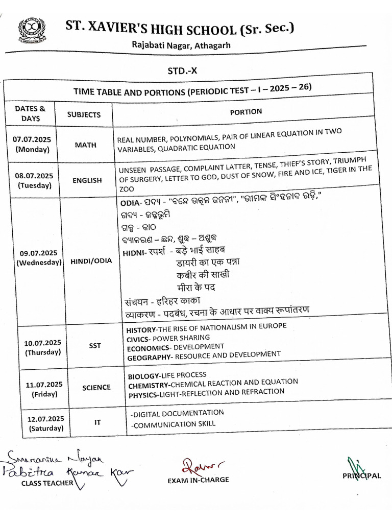 PT 1 STD X Timetable | PDF