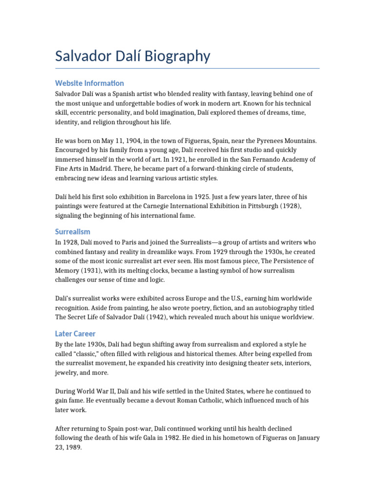 Salvador Dali Biography | PDF | Salvador Dalí | Surrealism