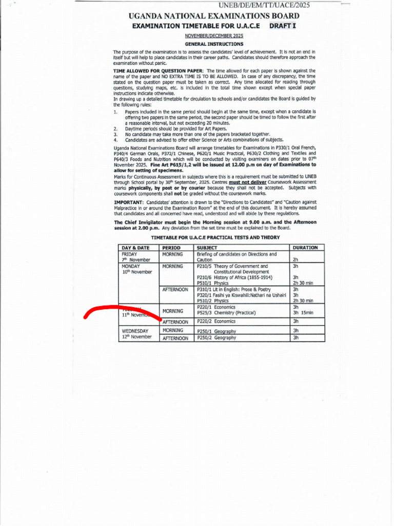 UACE Draft Timetable 2025 | PDF