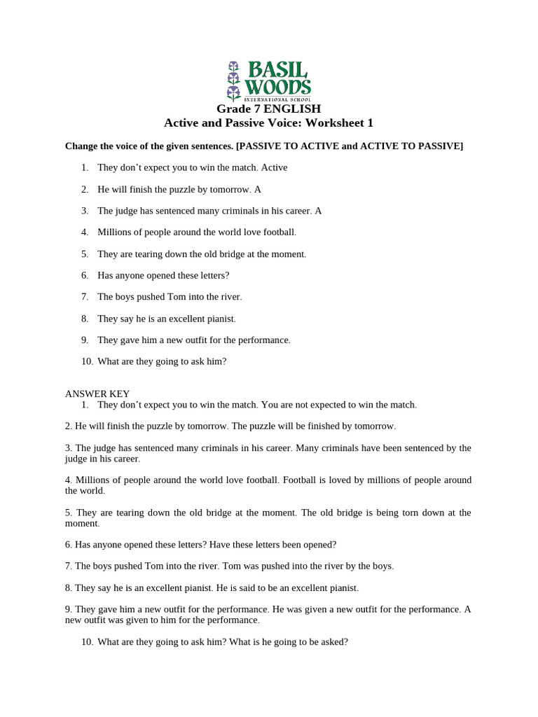 Grade 7 Active & Passive Voice Worksheet 1 | PDF