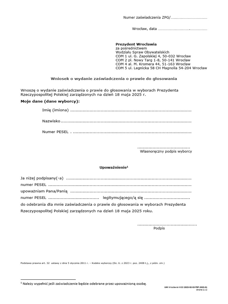 Wniosekwybory - PRP - 2025 - Wniosek - Zaswiadczenie - Glosowanie - PDF o Wydanie Zaświadczenia ...