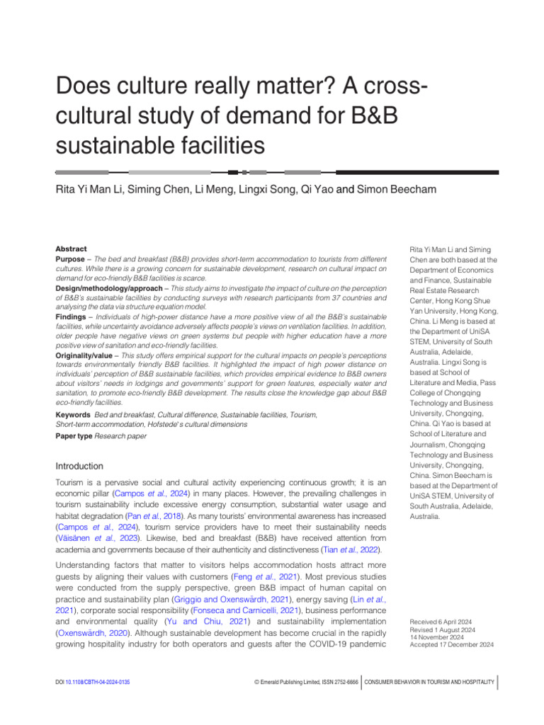 Does Culture Really Matter? A Cross-Cultural Study of Demand For B&B ...