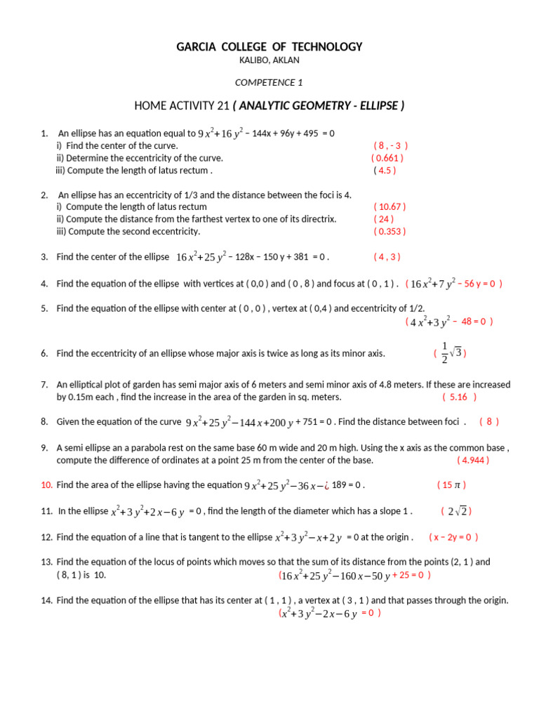 Analytic Geometry: Ellipse Problems | PDF | Ellipse | Geometry