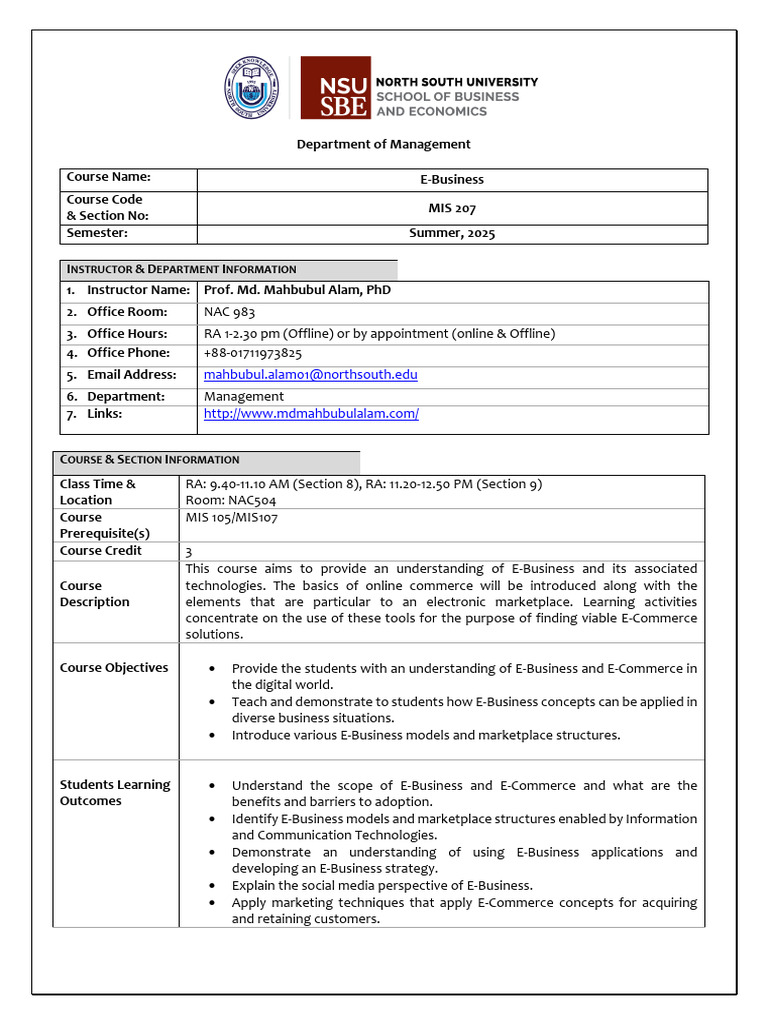 MIS 207 Course Outline Summer 2025 | PDF | Lecture | Electronic Business
