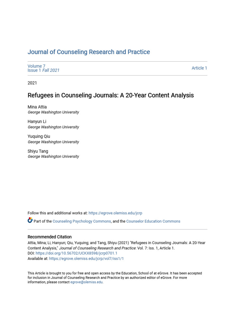 Refugees in Counseling Journals - A 20-Year Content Analysis | PDF ...