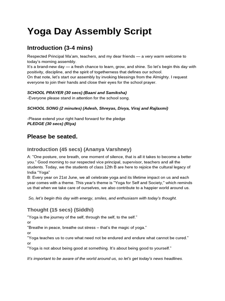 Yoga Day Assembly Script | PDF | Yoga | Meditation