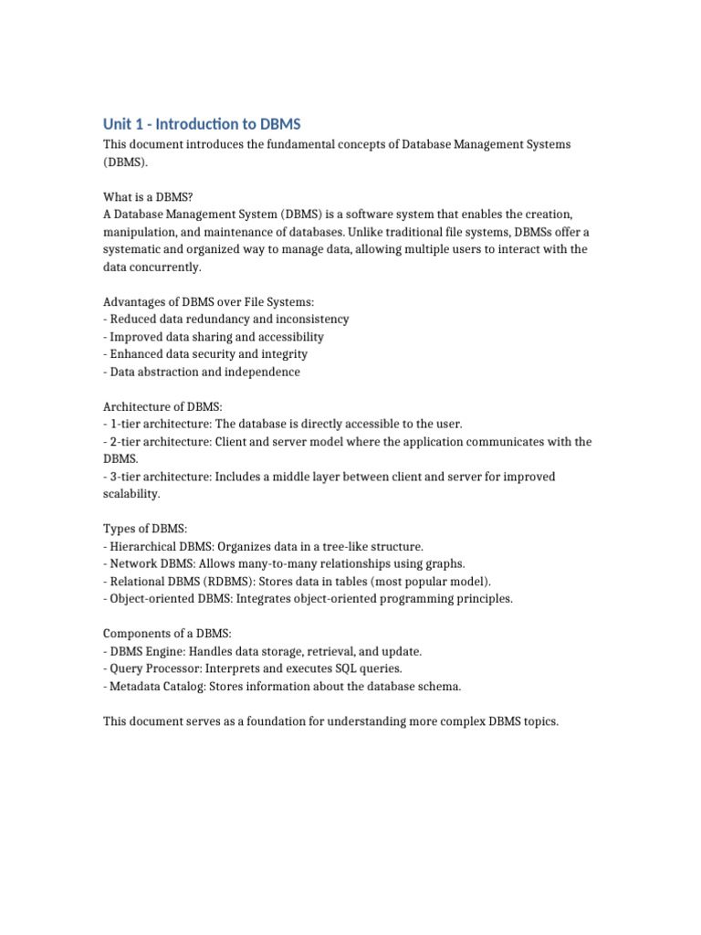 Unit 1 - Introduction To DBMS | PDF