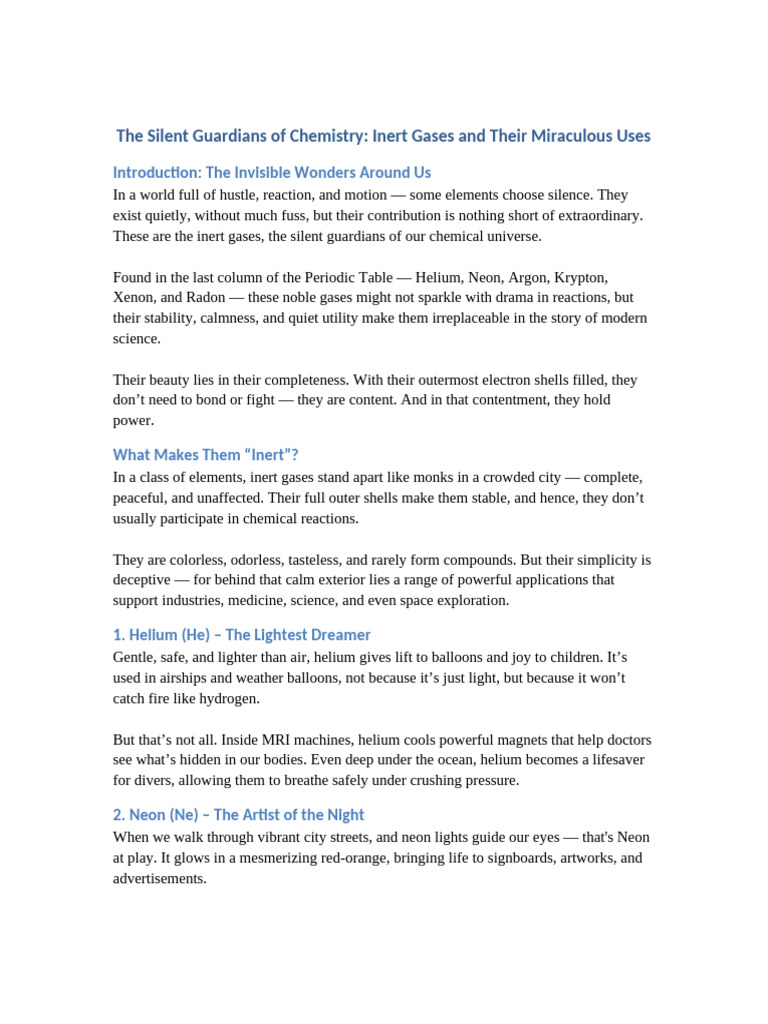 Uses of Inert Gases Project | PDF | Transparent Materials | Periodic Table