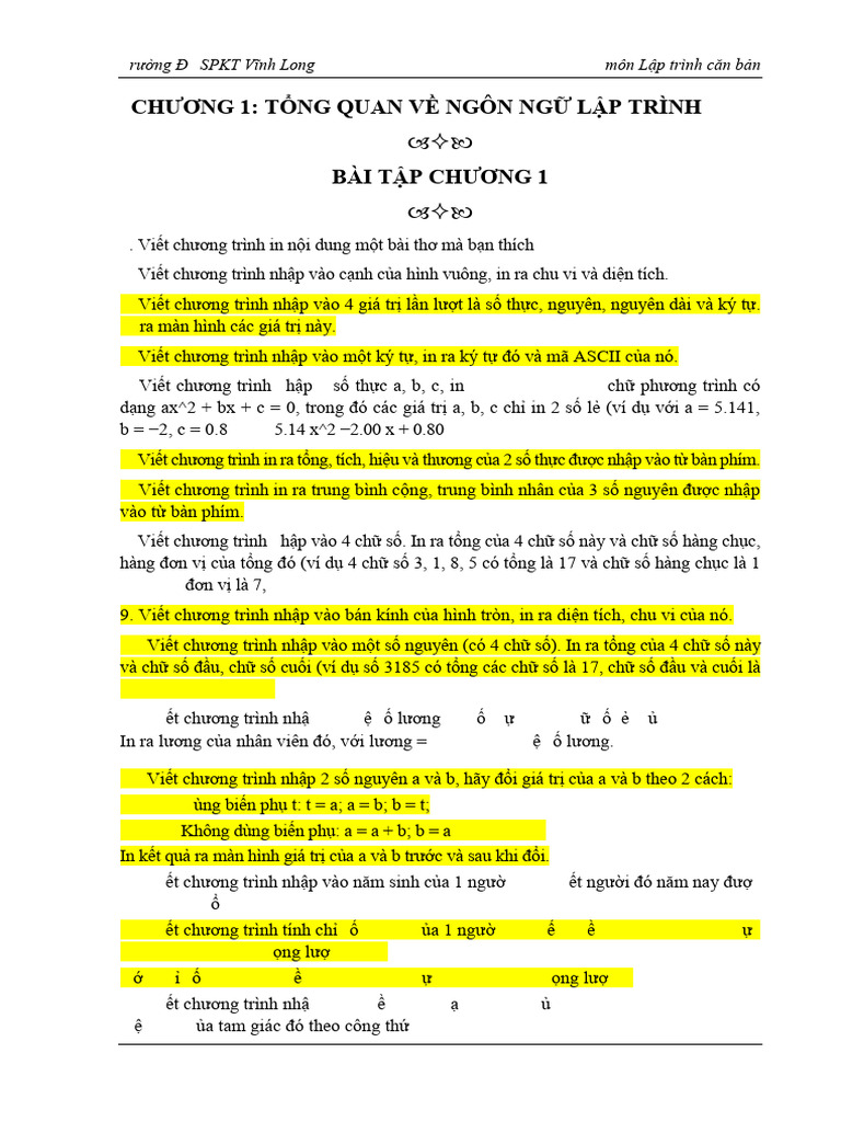Hệ Thống Bài Tập Thực Hành TH1219-LTCB-Nam 2024 | PDF