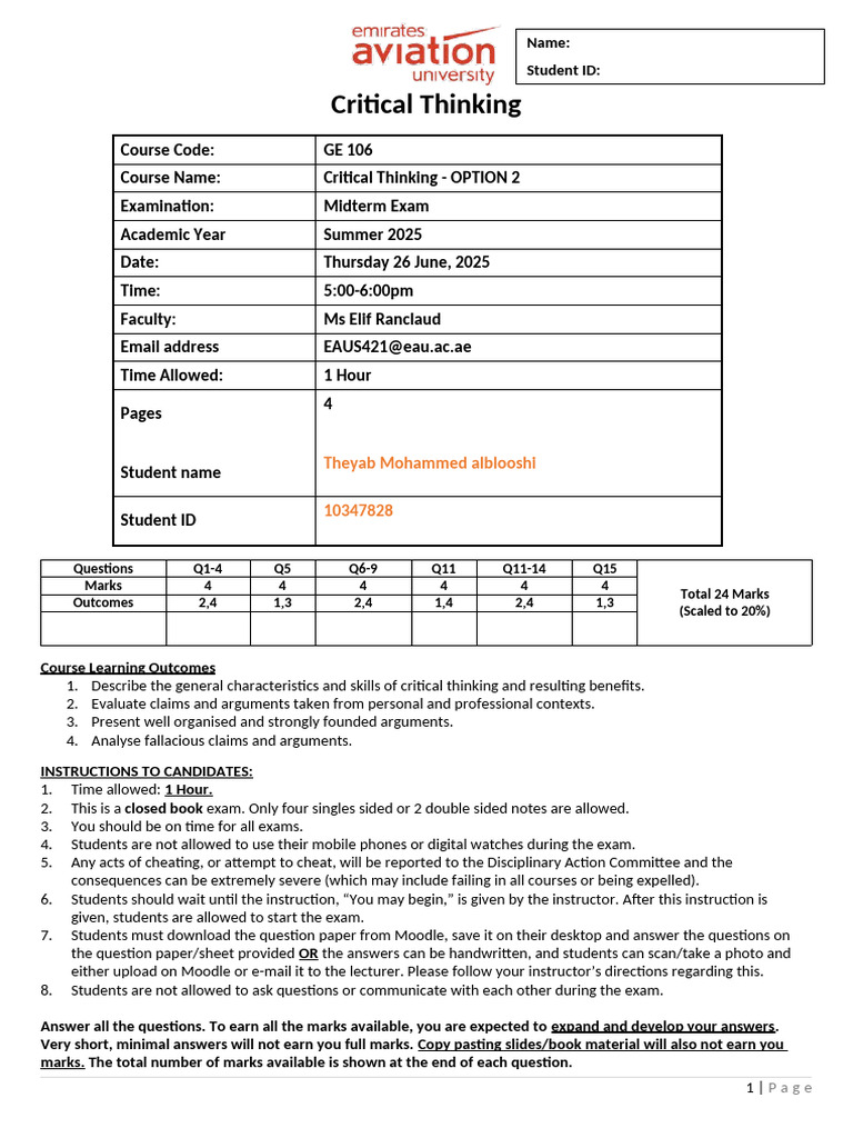 Critical Thinking Midterm Option 2 QP Summer 2025 | PDF | Fallacy | Argument