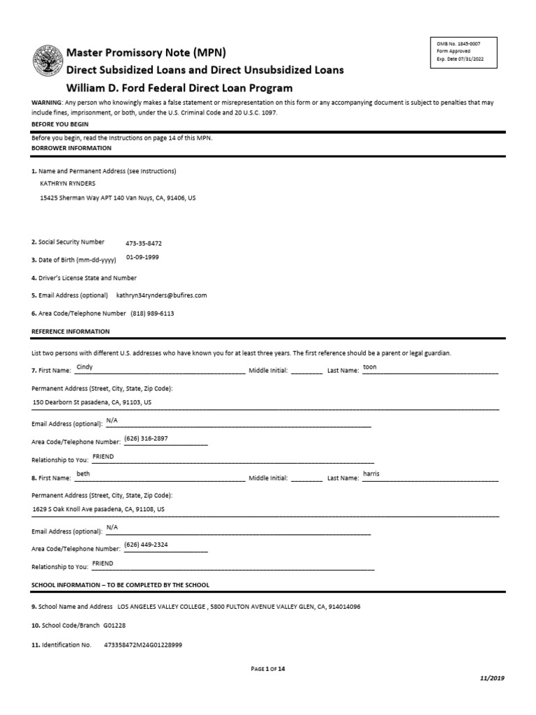 Master Promissory Note (MPN) Direct Subsidized Loans and Direct Unsubsidized Loans William D ...