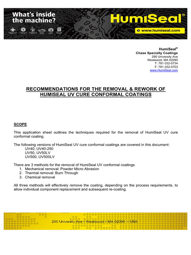 RECOMMENDATIONS FOR THE REMOVAL & REWORK OF HUMISEAL UV CURE CONFORMAL COATINGS White Paper ...