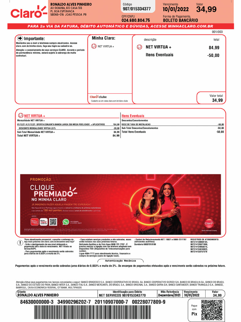 Fatura Claro 01-2022 | PDF
