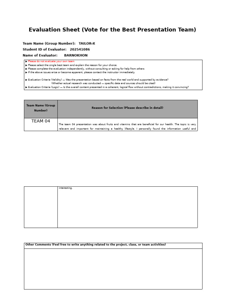 Team Presentation Evaluation Sheet BARNOKHON | PDF