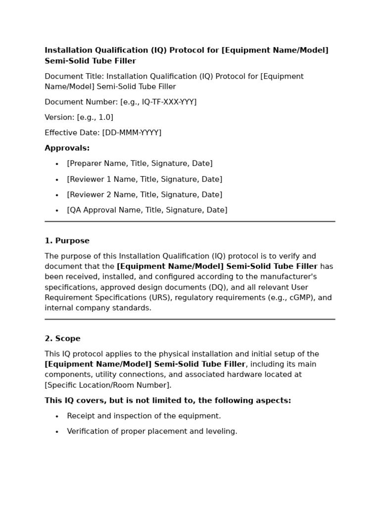 Installation Qualification Protocol for Tube Filler | PDF ...