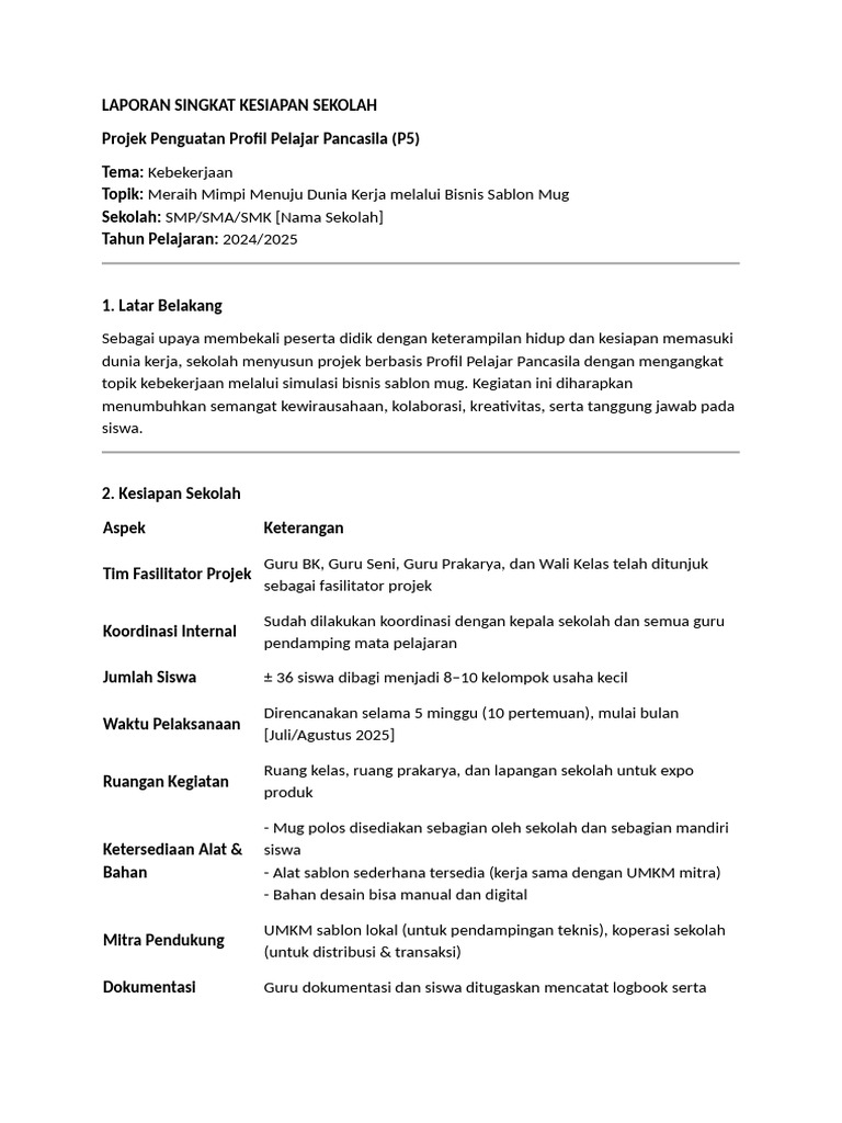 Laporan Singkat Kesiapan Sekolah | PDF