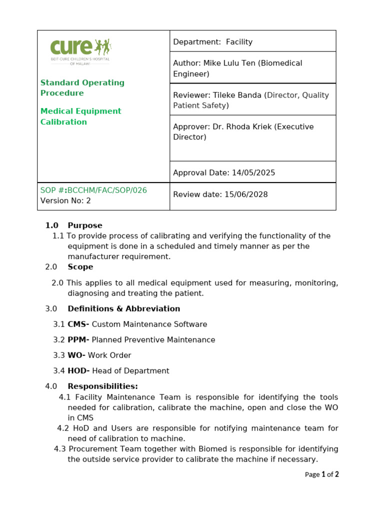 SOP for Medical Equipment Calibration | PDF | Medical Device | Calibration