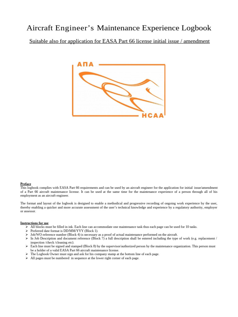 Aircraft Engineers Maintenance Experience Logbook | PDF
