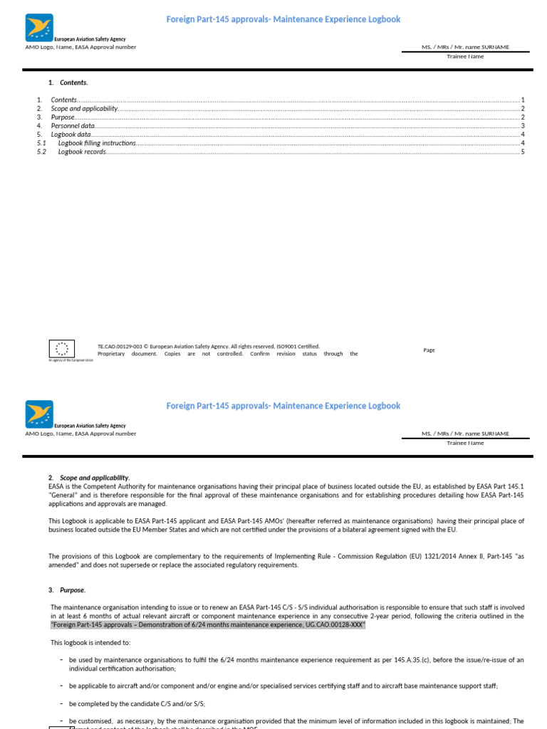 EASA Maintenance Experience Logbook | PDF