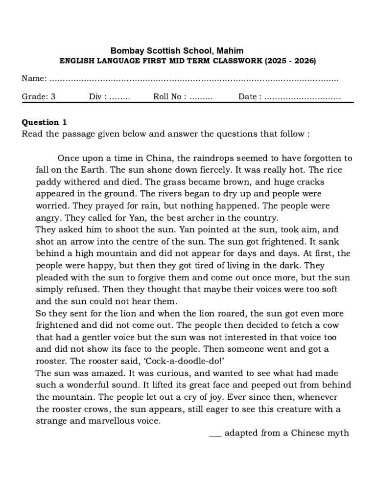 Grade 3 English Mid Term Classwork | PDF | Adjective