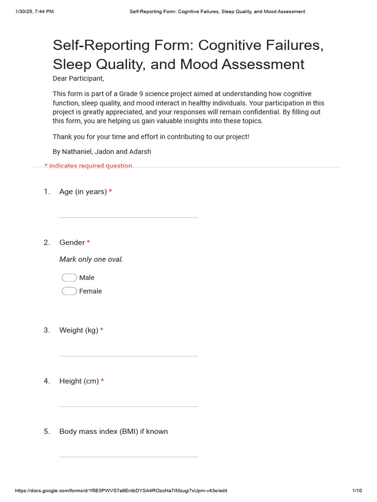 Self-Reporting Form - Cognitive Failures, Sleep Quality, and Mood ...