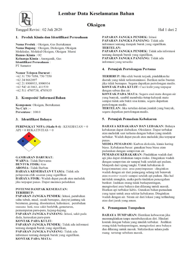MSDS Oksigen | PDF