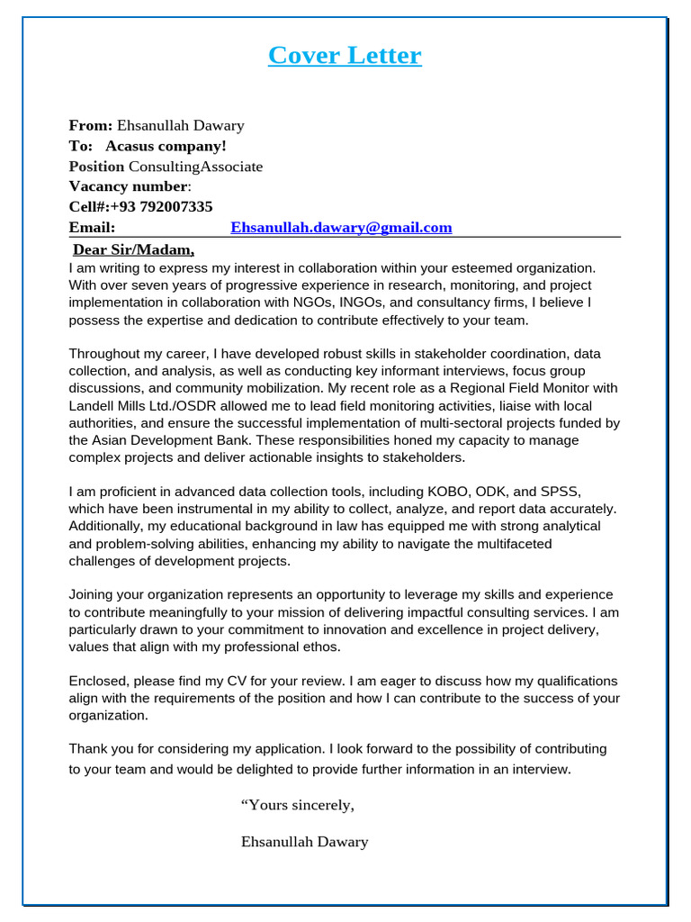 Acasus Cover Letter | PDF